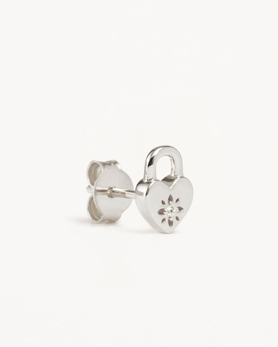 Sterling Silver Crystal Lotus Heart Padlock Stud Earrings – by charlotte