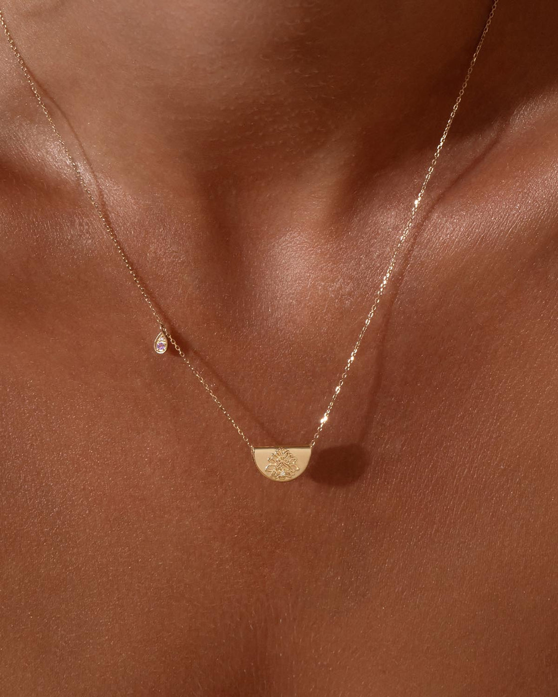 14k Solid Gold Lotus Birthstone Diamond Necklace - February - Amethyst ...