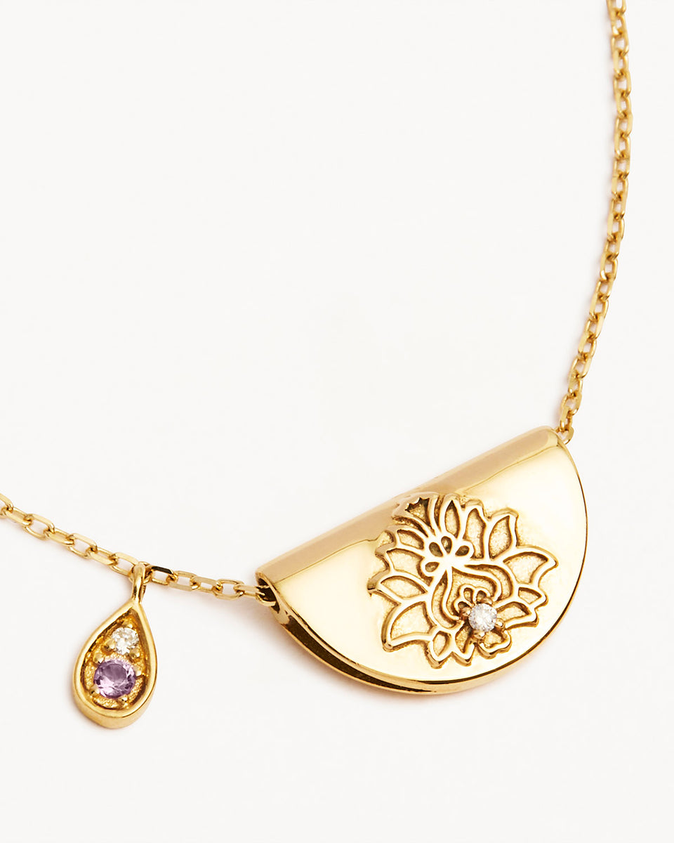 14k Solid Gold Lotus Birthstone Diamond Necklace - February - Amethyst ...